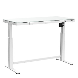 JAHRSTIM Jefferson Glass Standing Desk with Drawer, 48 x 24 Inches Modern Height Adjustable Desk Home Office Sit Stand Up Desk, Electric Motorized Uplift, Memory Control, Child Lock, White