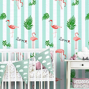 HOYOYO Vinyl Wallpaper Flamingos Palm Leaf Wallpaper Blue White Stripe Decorative Self Adhesive Liner Removable Wall Decoration for Bookshelf Closet Living Room Bedroom Dormitory Office 17.7''x118''