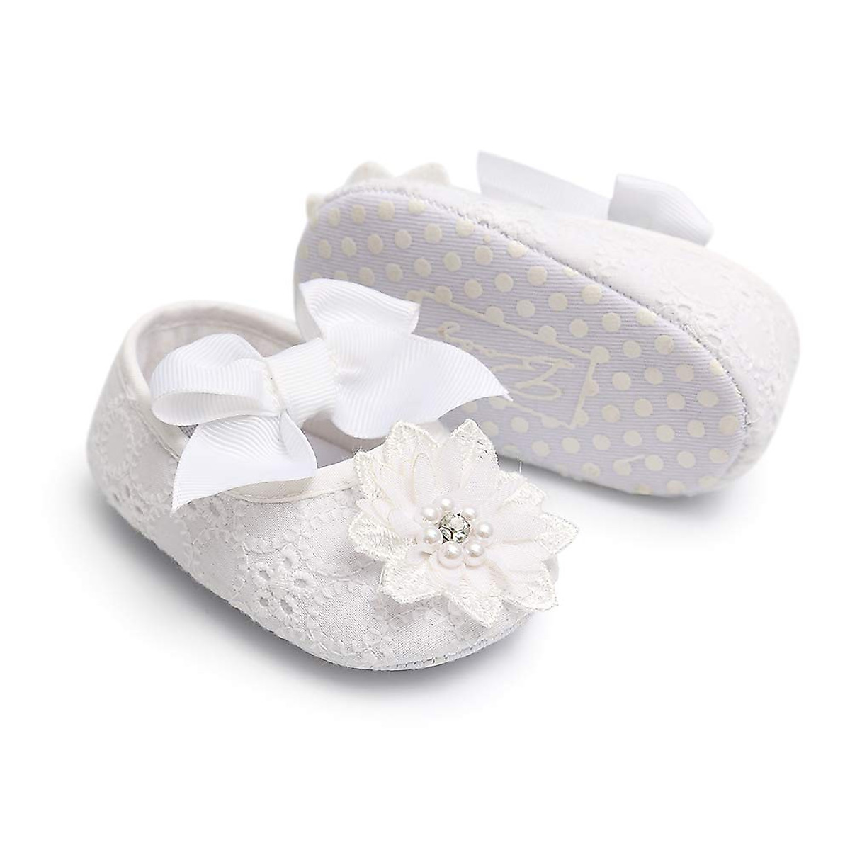 Baby Girl White Shoes Mary Jane Flats Soft Sole Bowknot Floral Princess Christening Baptism Wedding Dress Shoes for Newborns, Infants, Babies 0-6 Months