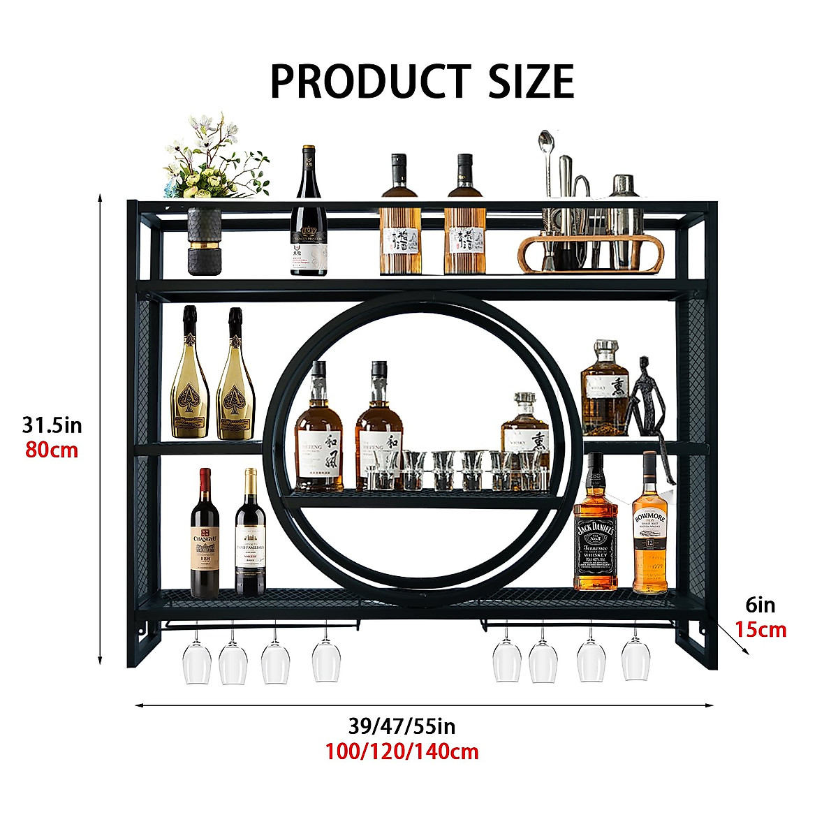 Wall Mounted Wine Rack, Hanging Metal Round Wine Rack Cabinet, Multifunctional Storage Rack, Vintage Style Wine Bottle Shelf, with Wine Glass Holder, for Home Restaurant Bars (120cm/47.2in)