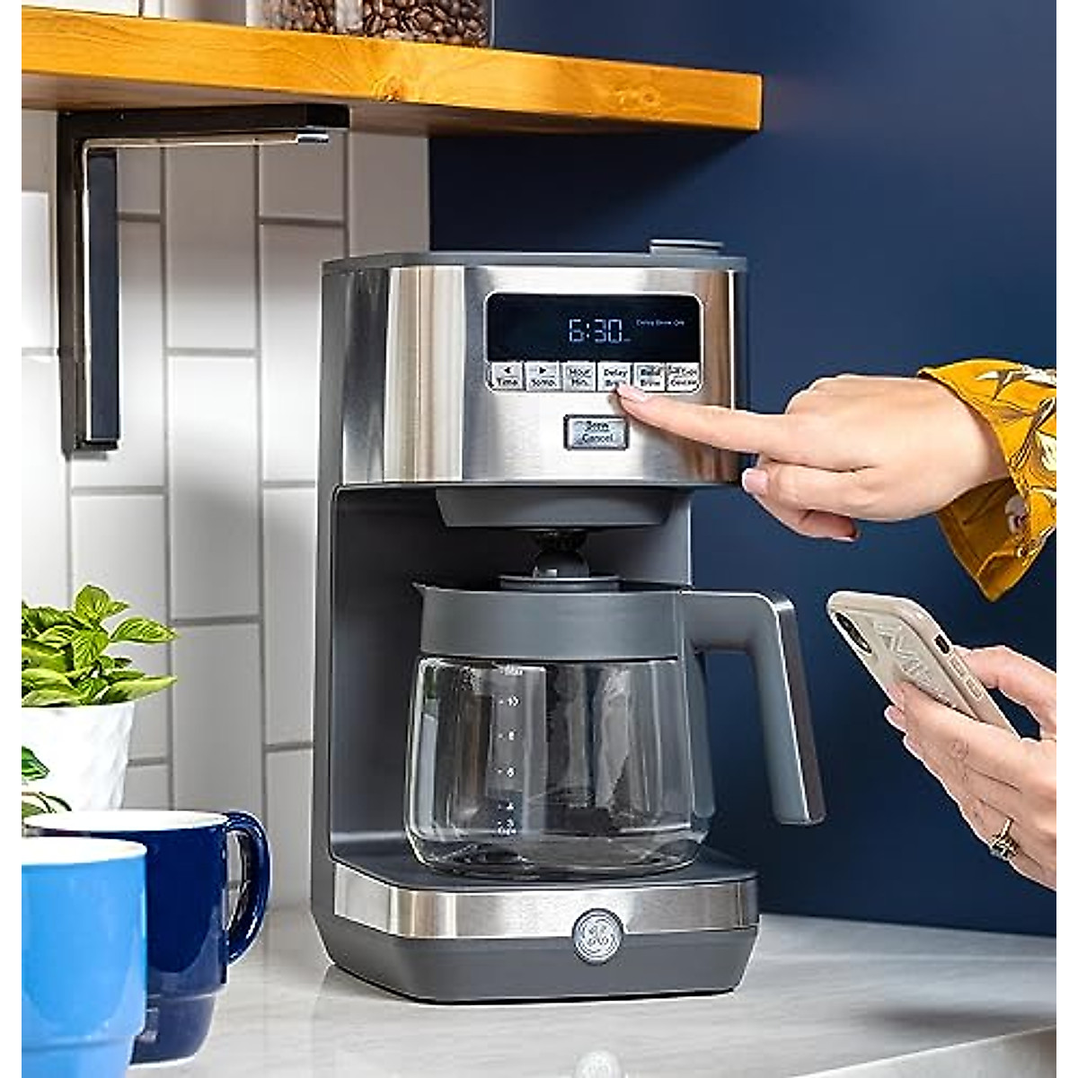 GE Drip Coffee Maker With Timer | 12-Cup Glass Carafe Coffee Pot With Adjustable Keep Warm Plate | Wide Shower Head for Maximum Flavor | Kitchen Essentials | Stainless Steel