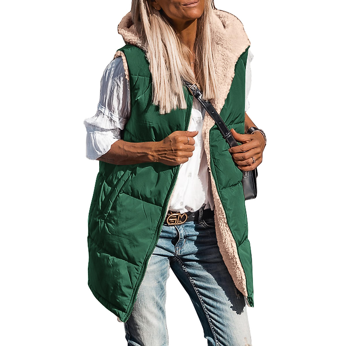 PRETTYGARDEN Womens 2025 Fall Reversible Vests Sleeveless Fleece Jacket Zip Up Hoodie Pockets Long Warm Winter Coat Outerwear (Dark Green,Large)