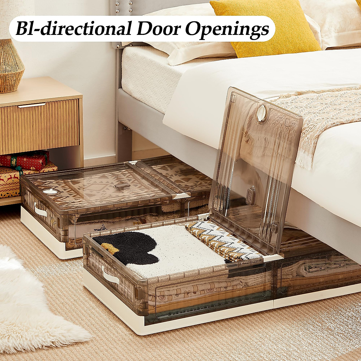 VECELO Under Bed Storage with Wheels, 26.5Gal Stackable Under Bed Storage Containers, Underbed Storage Containers with Lids, Plastic Foldable Folding Box for Clothes Shoes