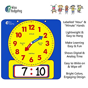 Large Dry Erase Magnetic Teaching Demonstration Clock, Kids Telling Time Learning Clock for Analog and Digital Time, Labelled Minute & Hour Hands, for School Classrooms & Homeschool Supplies