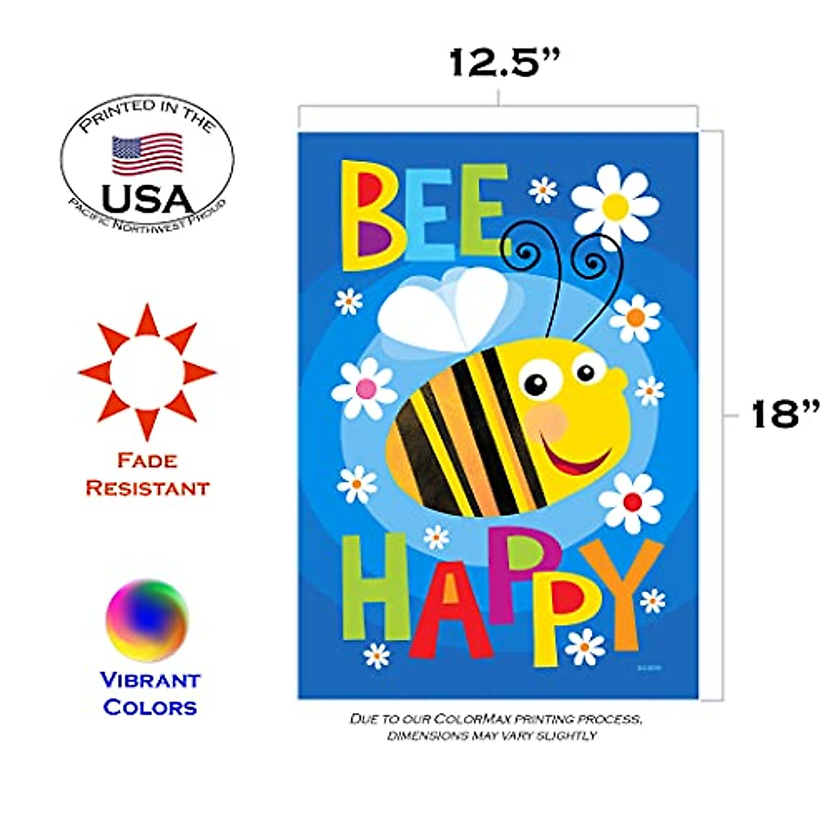 Toland Home Garden 1112312 Bee Happy Spring Flag 12x18 Inch Double Sided Spring Garden Flag for Outdoor House Positive Flag Yard Decoration
