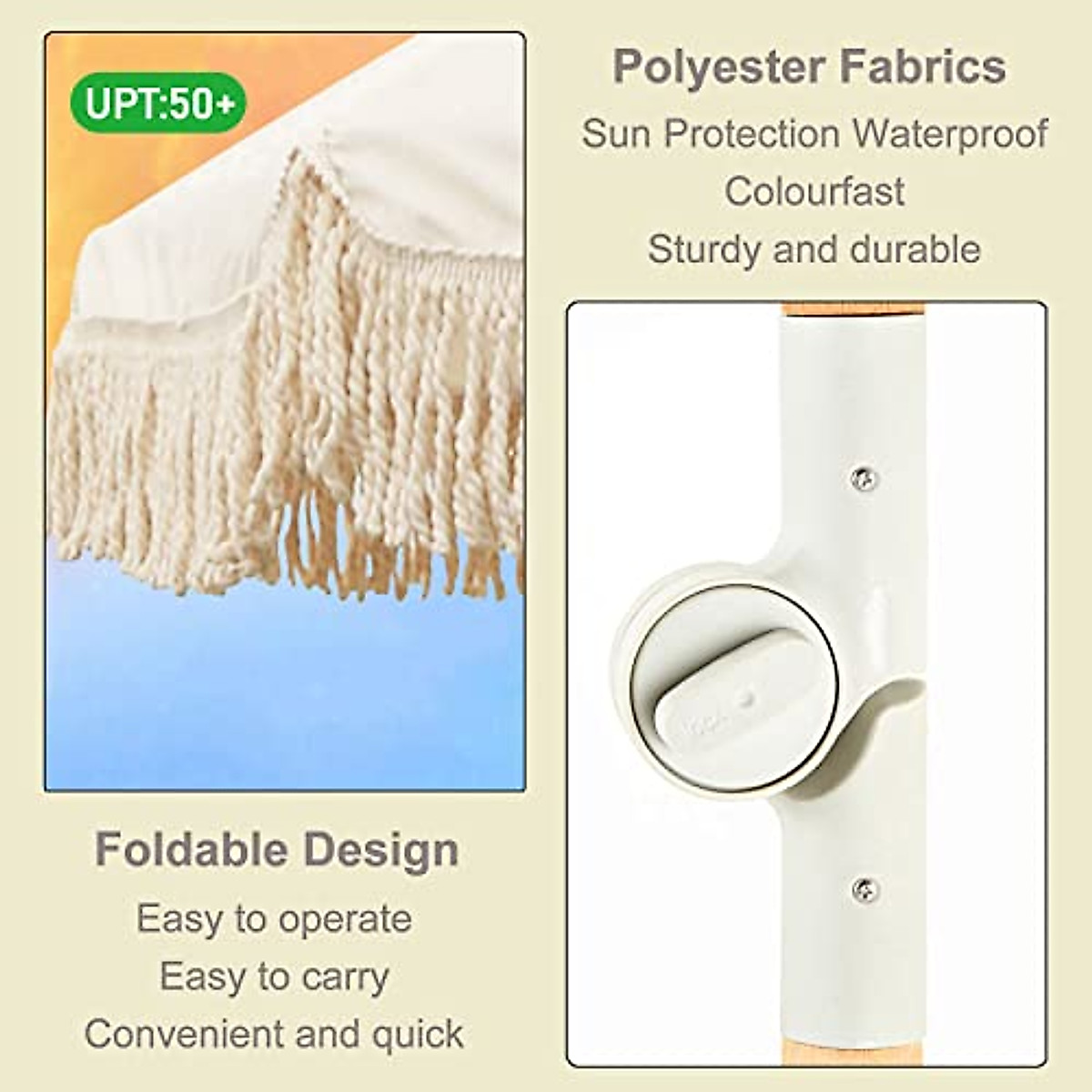 LefeDa 6.5FT Boho Umbrella With Fringe Beige Beach Umbrellas For Sand UV Protection Large Outdoor Umbrella Wooden Stanchions Patio Table Umbrella Waterproof Foldable 8 Ribs With Carry Bag