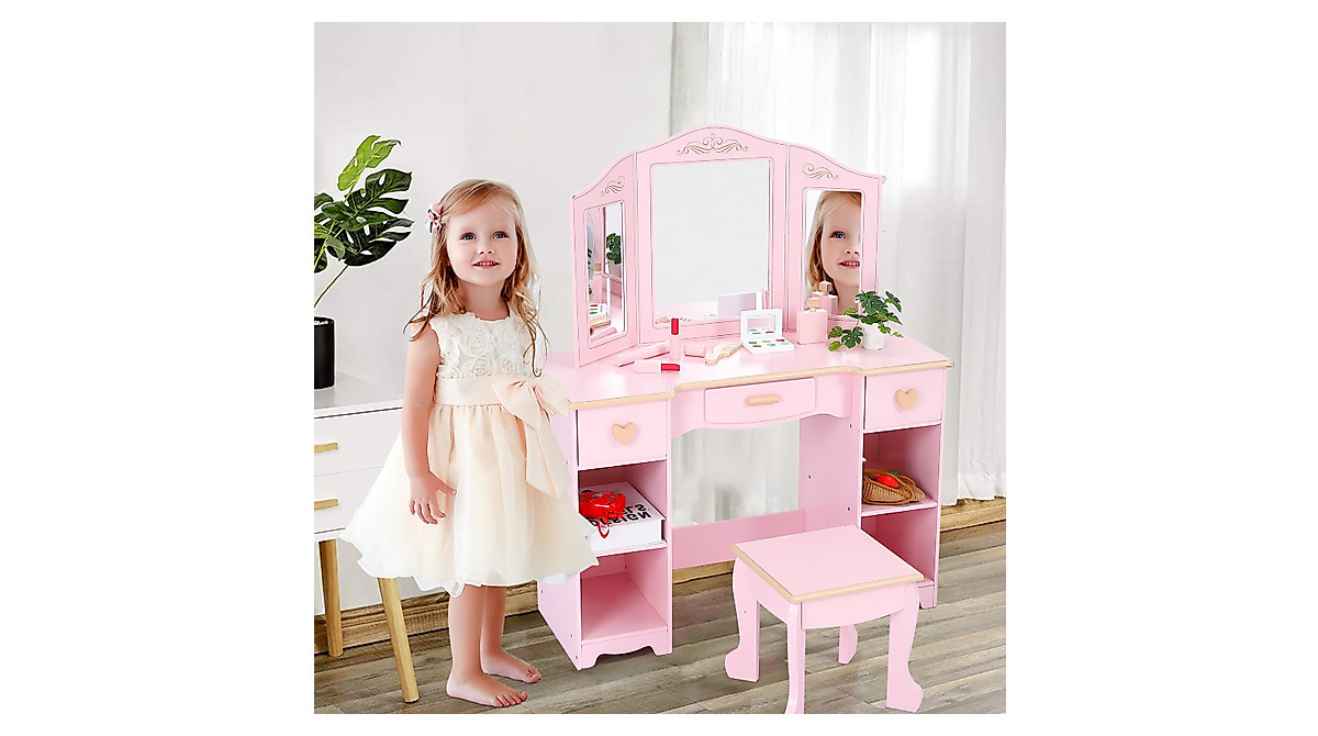 GarveeHome Kids Vanity, Pretend Play Vanity Set with Stool and Tri-Fold ...