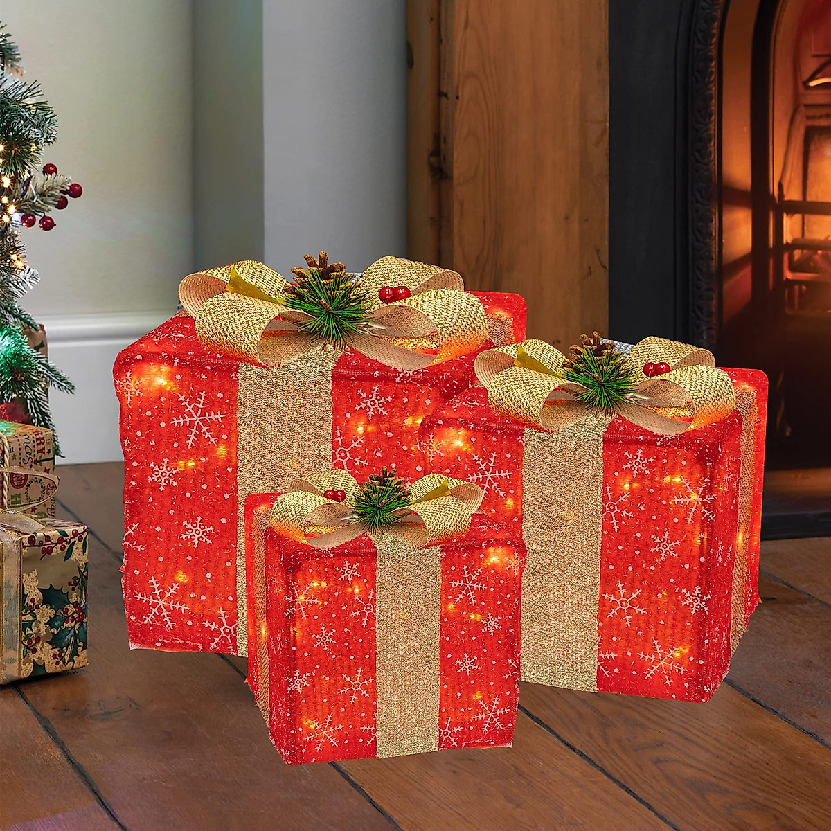 Funpeny Set of 3 Christmas Lighted Gift Boxes, 60 LED Christmas Box Decorations, Presents Boxes with Ribbon Bows Christmas Decorations for Xmas Tree, Yard, Home, Indoor Outdoor Holiday Decor