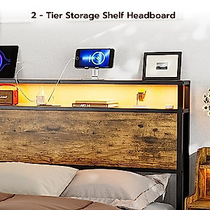 IKIFLY Queen Size Storage Headboard with LED Lights & Charging Station - Industrial Metal and Wood Queen Headboard Only for Bedroom, Attach Frame, Easy Assembly - Rustic Brown