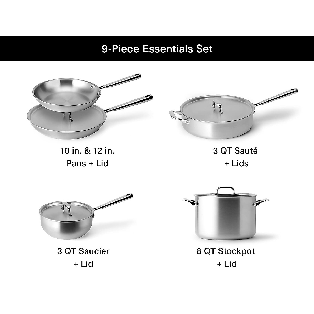 Misen 5-Ply Stainless Steel Cookware Set: 3 QT Stainless Steel Saucier with Lid, 3 QT Saute Pan with Lid & 10" Frying Pan - Excellent Searing, Sauteing & Everyday Cooking 9-Piece Set