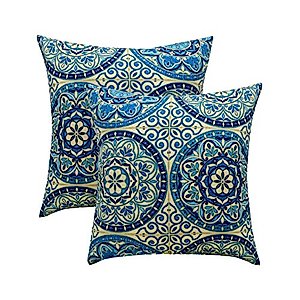 Resort Spa Home Decor Set of 2 - Indoor/Outdoor Square Decorative Throw/Toss Pillows - Wheel Indigo ~ Blue Ivory Large Sundial Fabric - Choose Size (17")