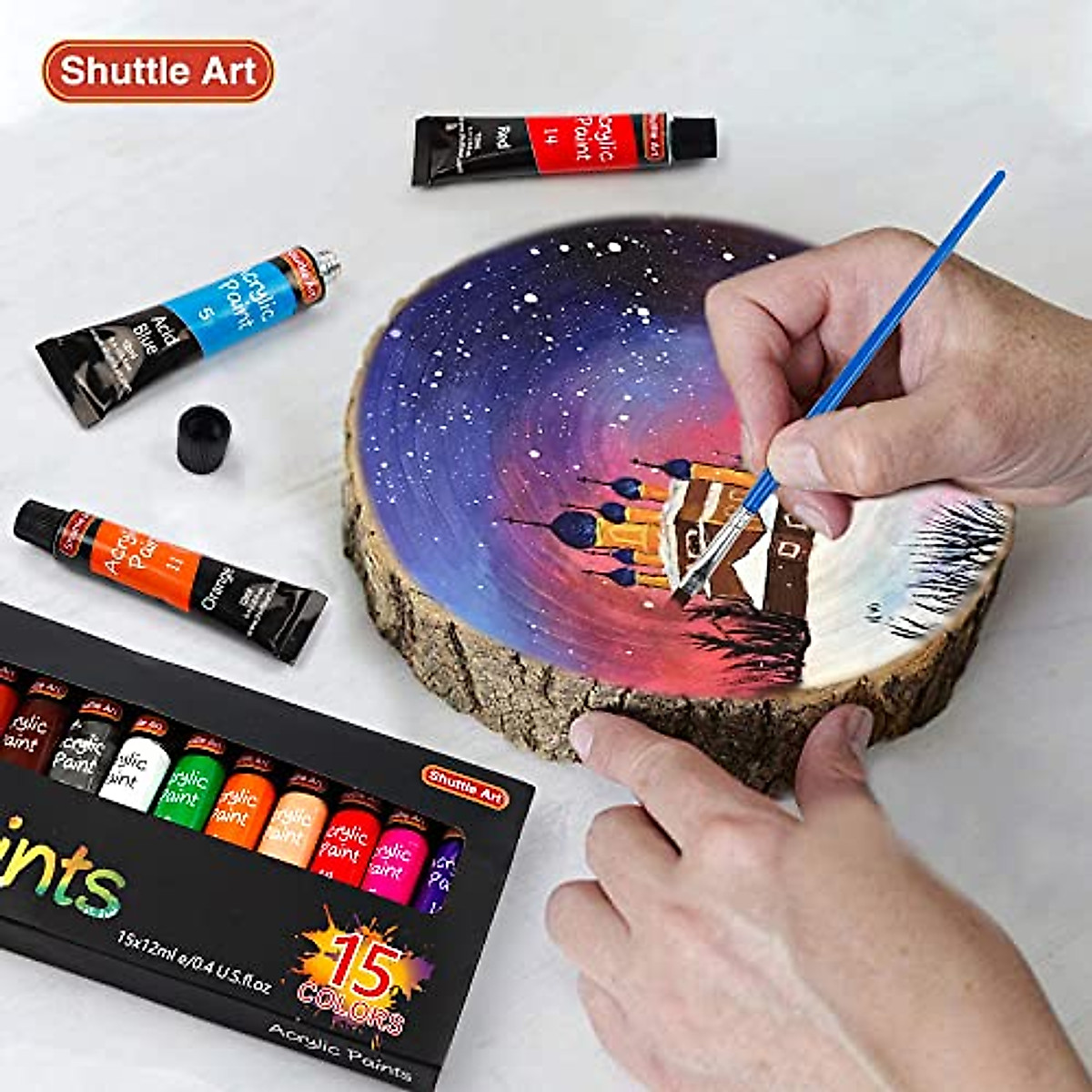 Shuttle Art Acrylic Paint Set, 15 x 12ml Tubes Artist Quality Non Toxic Rich Pigments Colors Perfect for Kids Adults Beginners Artists Painting on Canvas Wood Clay Fabric Ceramic Crafts