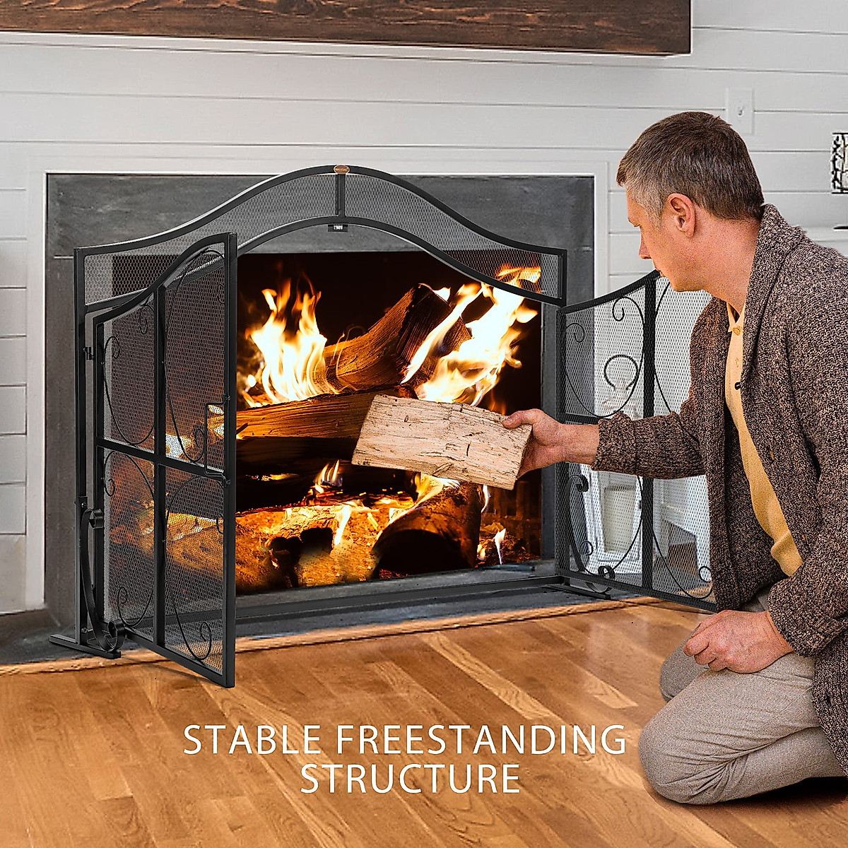 VIVOHOME 43.3 x 34 Inch Wrought Iron Fireplace Screen with Doors Metal Decorative Mesh Fire Spark Large Flat Guard Gate Cover Fireplace Barrier Panels Black