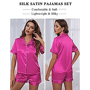 Anjue Womens Silk Satin Pajamas Silk Pjs Set Short Sleeve Sleepwear Classy Loungewear Satin Pajama Sets(Rose Red,S)