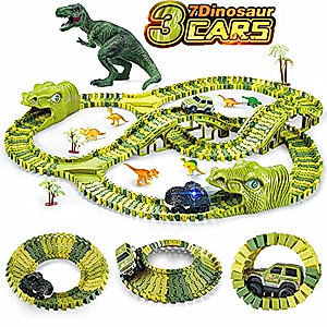 Dinosaur Toys, 260 Pcs Dinosaur Car Race Track Toy with 3 Cars Playset, Includes 250 Flexible Train Track, 7 Dinosaur and 2 Dinosaur Head Best Gift for Boys Girls Ages 3 4 5 6 7Years Old and Up