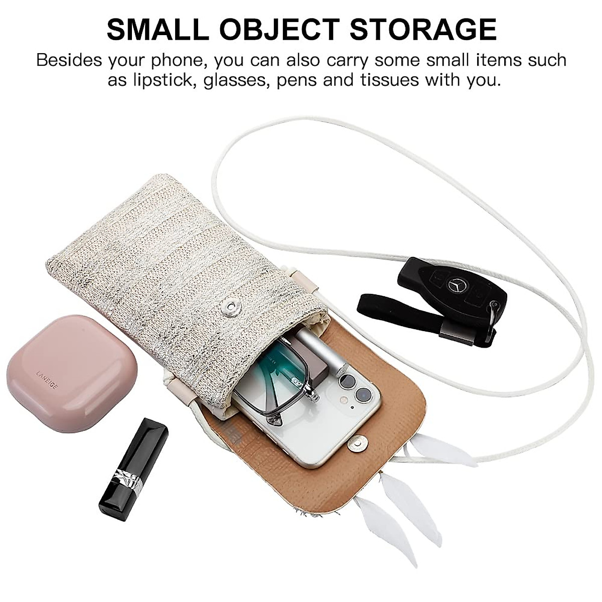 Soleebee Boho One Shoulder Crossbody Phone Bag Small Shoulder Bag Mini Wallet for Women Storage Bag Woven Leather Trim Phone Bag Compatible with Multiple Phone Sizes, Feather