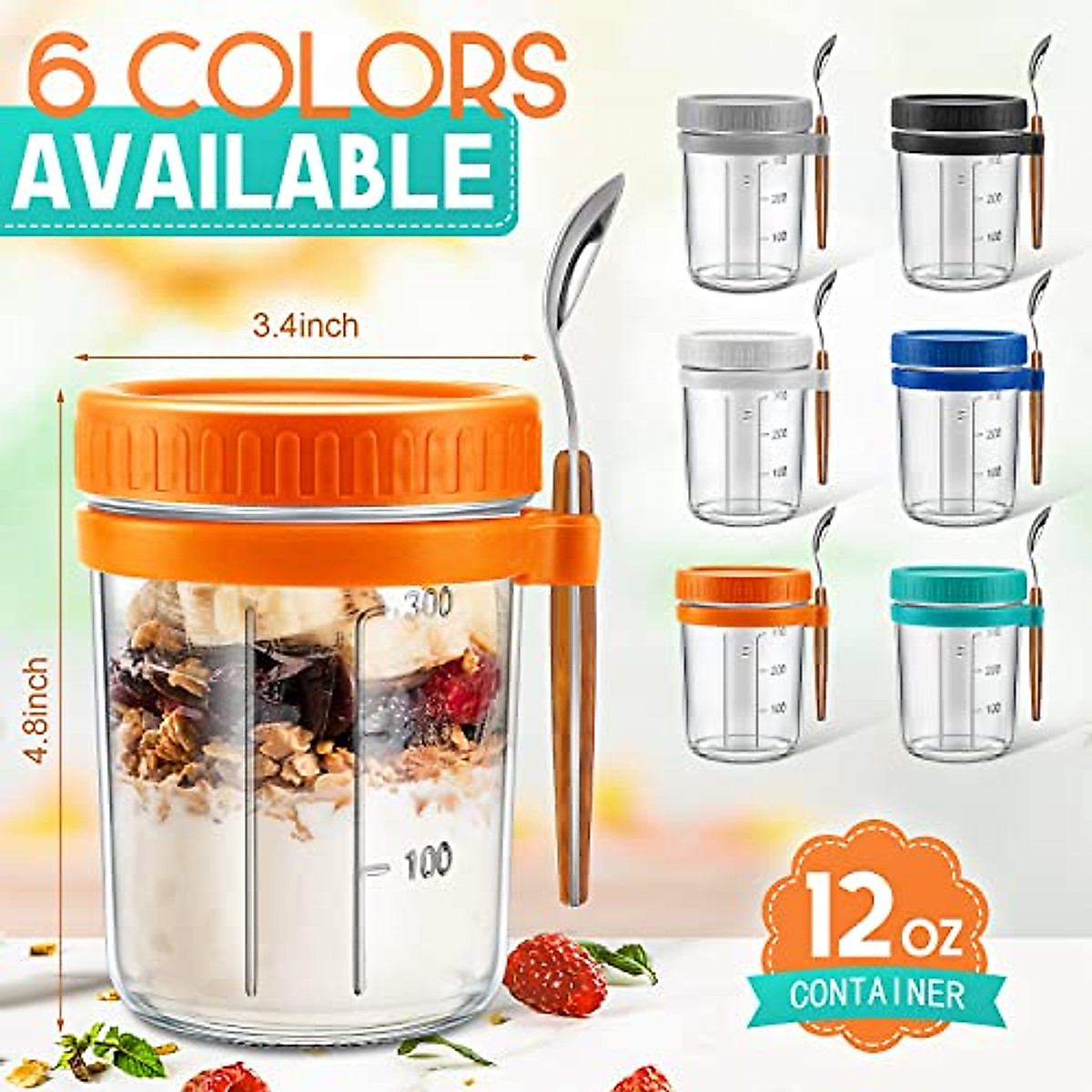 Inbagi 6 Sets Overnight Oats Jars with Lids and Spoons 12 oz Airtight Overnight Storage Containers with Measurement Marks Salad Jars for Cereal Milk Yogurt Vegetable Fruit, 6 Colors