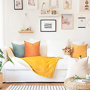 MONDAY MOOSE Cozy Fleece Throw Blanket with Pom Pom Fringe, Super Soft Lightweight Microfiber Flannel Blanket, Double-Sided Designs, for Couch Bed Sofa Home Decor (50x60 inch, Yellow/Beige)