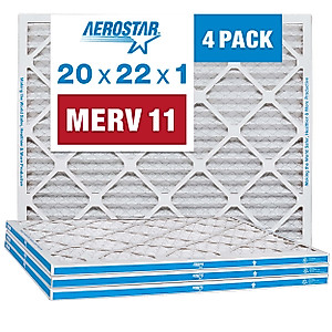 Aerostar 20x22x1 MERV 11 Pleated Air Filter, AC Furnace Air Filter, 4 Pack (Actual Size: 19 3/4"x21 3/4"x3/4")