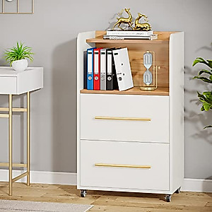 Tribesigns Lateral File Cabinet with 2 Drawers, Modern White Filing Cabinet Wood Rolling Filing Cabinets for Letter/Letter/A4 Size Files, Mobile Printer Stand with Open Shelves for Home Office (43"H)