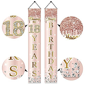 18th Birthday Door Banner Decorations for Girls, Pink Rose Gold Happy Eighteen Birthday Door Porch Backdrop Party Supplies, Happy Birthday Cheers To 18 Years Sign Decor
