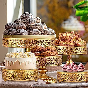 Tioncy Set of 6 Gold Cake Stand Round Metal Cake Stands Antique Gold Dessert Display Cupcake Pastry Candy Display Plate for Wedding Birthday Party Event Bridal Celebration Table(Hollow)