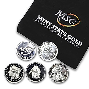 Five (5) One Gram .999 Fine Silver Rounds with Random Designs in a Jewelry Pouch by Mint State Gold