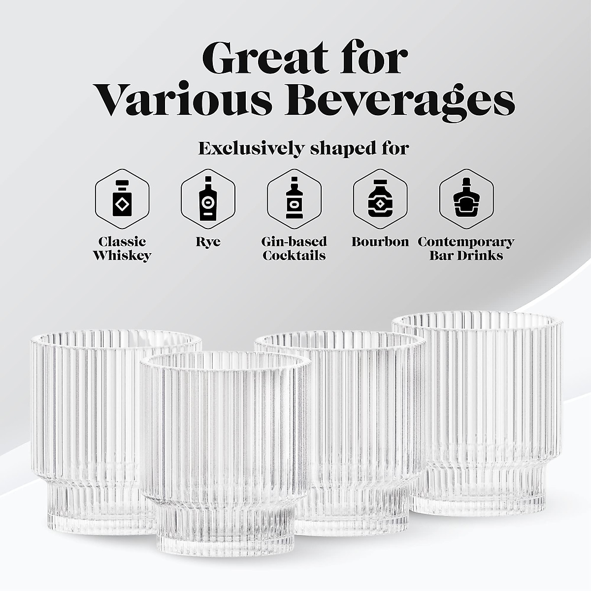 American Atelier Vintage Art Deco Fluted Drinking Glasses | Ribbed Glassware for Cocktail, Gin, Whiskey, & More | Modern Glassware | Lowball Fluted Cocktail Glasses | Set of 4 | 9 Oz (Clear)