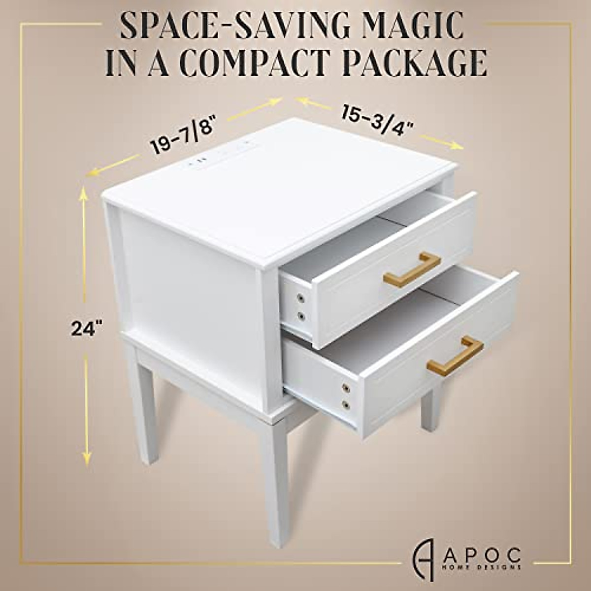 2 Drawer Side Table with Charging Station - Mid Century Modern Nightstand with Polished Gold Handles, 2 USB Ports & 2 Outlets - Multifunctional Smart Bedside Table for Your Home - 24" Tall (White)