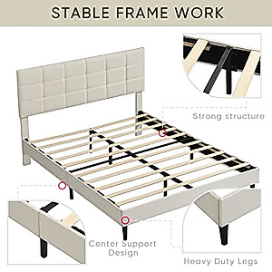 MWrouqfur Full Size Platform Bed Frame with Fabric Upholstered Headboard and Wooden Slats, No Box Spring Needed/Easy Assembly, Beige