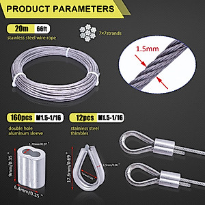 Twidec/Wire Rope Crimping Tool Up To 2.2mm Swaging Tool With 160PCS 1/16''Aluminum Crimping Loop Sleeve And 66FT 1/16'' 304 stainless steel Wire Rope 12PCS Wire Rope Thimbles Kit N-022-4K