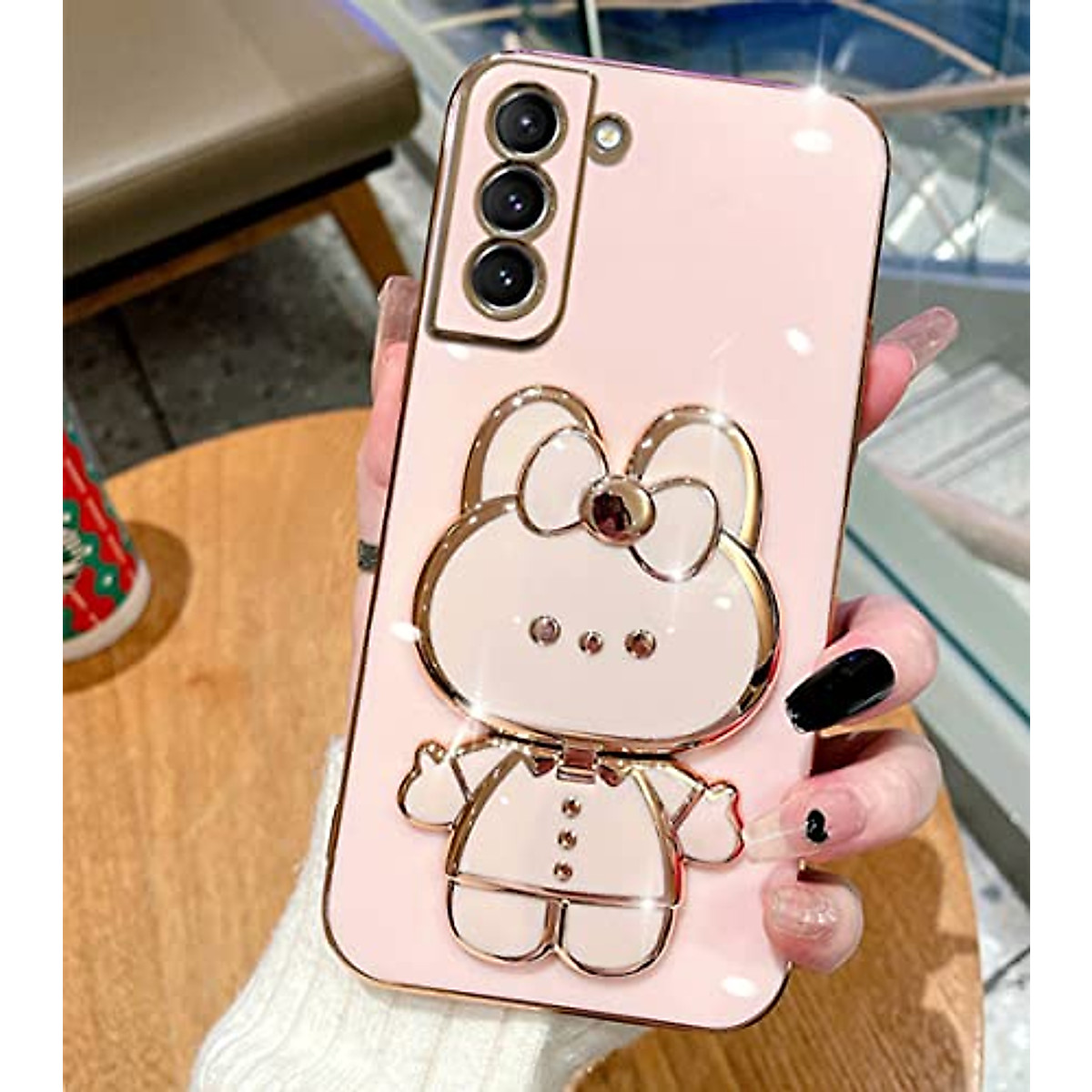for Samsung Galaxy A14 Case for Women Girls,6D Cute Hidden Rabbit Bunny Stand Design,Luxury Plating Glitter Girly Soft Silicone Makeup Mirror Phone Case with Camera Cover for Samsung A14 5G (Pink)