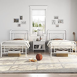 Yaheetech Twin Bed Frames Metal Platform Bed Mattress Foundation with Criss-Cross Design Headboard, Ample Underbed Storage Space, Heavy Duty Slat Support, No Box Spring Needed, Twin Size White