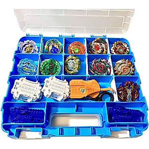 HOME4 Double Sided No BPA Toy Display Storage Container Box - Compatible with Mini Toys, Small Dolls, Tools Beyblade - Heavy Duty Organizer Carrying Case - 34 Adjustable Compartments (Blue)