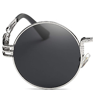 Dollger Round Sunglasses Steampunk Metal Classic Frame Mirror Lens(C1:Black Lens+ Silver Frame)