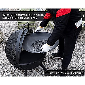 PaPaJet 35 inch Fire Pit for Outside, Wood Burning Fire Pit with Cover, Bonfire Globe Fire Pit with Poker Tree Pattern for Patio Backyard Garden Black