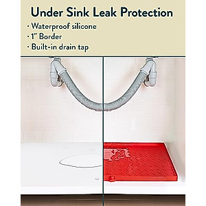 Under Sink Drip Tray - Silicone Liner Mat for Under Kitchen or Bathroom Sink - Waterproof Organizer Protects Floors from Leaks - 34" x 22" Red