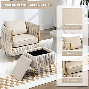 NIOIIKIT Modern Velvet Accent Chair with Storage Ottoman, Upholstered Hand Woven Lounge Chair with Pillow, Luxury Armchair, Vanity Chair for Living Room, Bedroom, Office (Beige)
