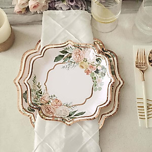Tableclothsfactory 25 Pack | Floral 8" Scallop Rim Dessert Appetizer Party Paper Plates, Disposable Salad Plates - 300 GSM