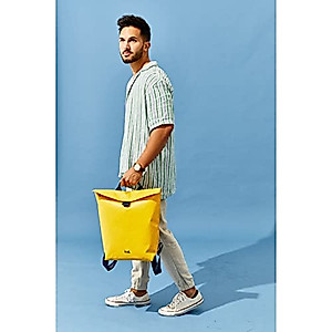 iod 15L Weatherproof Backpack with Zipper & Magnetic Fastener - Tarpaulin Bag with Adjustable Backpack Straps (Yellow with dark blue straps)