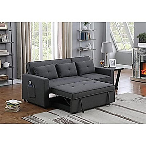 BOWERY HILL Dark Gray Linen Fabric 3-in-1 Convertible Sleeper Sofa with Side Pocket and 3 Pillows