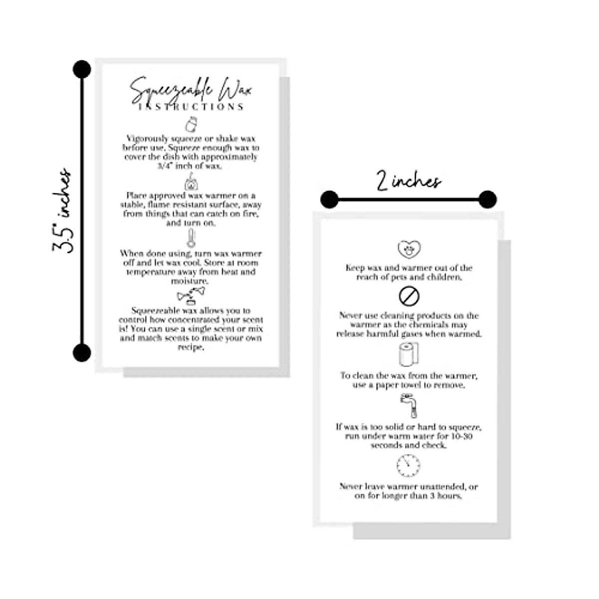 Squeezable Wax Instruction Care Cards Business Cards for Customers | 50 pk | How to Care for and use Your squeezable Scented Aroma Wax 2 x 3.5” in Meltable Wax for Plastic Squeeze Soft Tube Pouches