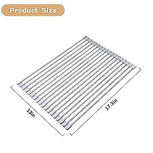 MGahyi Roll Up Dish Drying Rack, Over The Sink Drying Rack, Multipurpose 304 Stainless Steel Silicone Wrapped Steel Roll-Up , Folding Dish Rack for Kitchen Sink （Gray, 17.3" x 13 "）