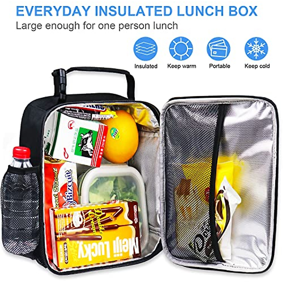 BOOEUDI Lunch box, Lunch Bag, lunch box for men, Reusable Portable Lunch Bag for Women, Durable Adults Tote Bag Lunchbox for Office, Work, Beach, Fishing, Picnic, Travel, Black