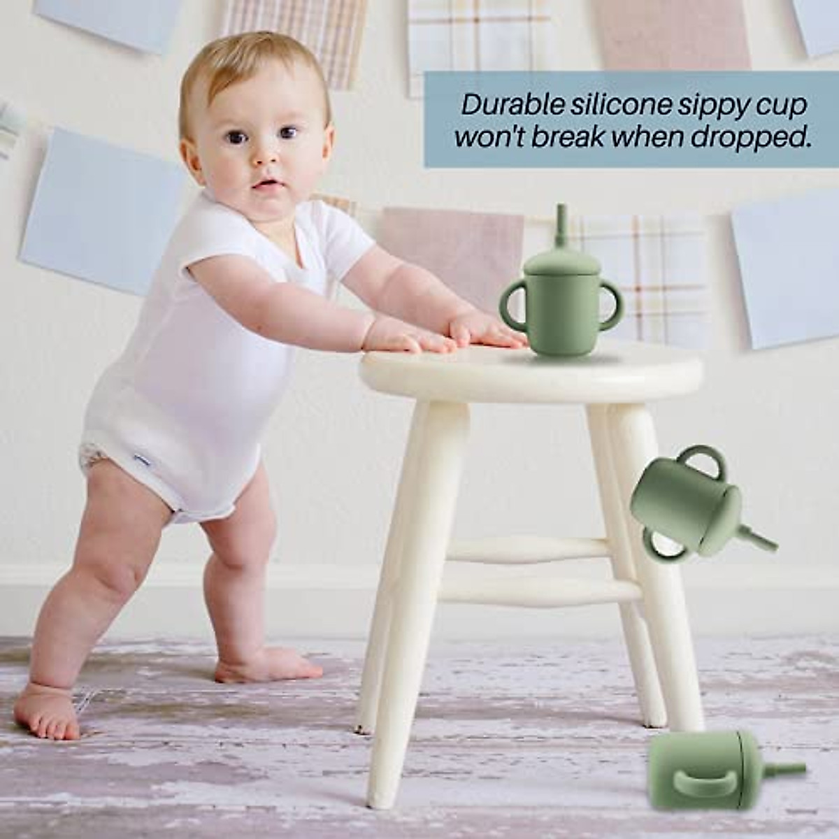 Mintlyfe Baby Trainer Cup, Silicone Training Cup with Handles Lid and Straw, BPA-Free, Unbreakable, Spill Proof and Non-Slip Handles Sippy Cup for Toddlers, 5 oz (Sage)
