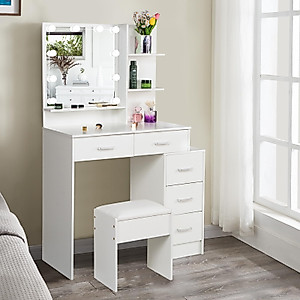 JBLCC Makeup Vanity with Lighted Mirror,Large Vanity Desk with Storage Shelves & 5 Drawers,Cushioned Stool,Makeup Vanity Table with Lights for Bedroom (3080)