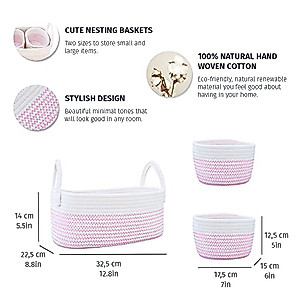 OrganiHaus Pink Baby Changing Basket | Nursery Storage Baskets for Shelves | Cotton Rope Basket w/Handles | Cloth Basket for Toys | Towel Basket Bins | Set of 3 Small Woven Basket for Storage