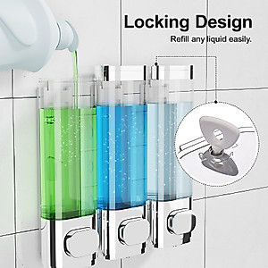 3-Chamber Wall Mounted Shampoo and Conditioner Dispenser,300ML Each Shower Soap Dispenser,Easy Refill,No Drip,Ideal for Shampoo,Conditioner,Body Wash for Bathroom Kitchen Hotel