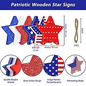 6Pcs 4th of July Patriotic Wooden Glitter Star Signs Table Decor- 4th of July Decorations- Patriotic Party Rustic Farmhouse Wooden Block Signs for Tabletop Centerpiece Tiered Tray Mantle Home Office