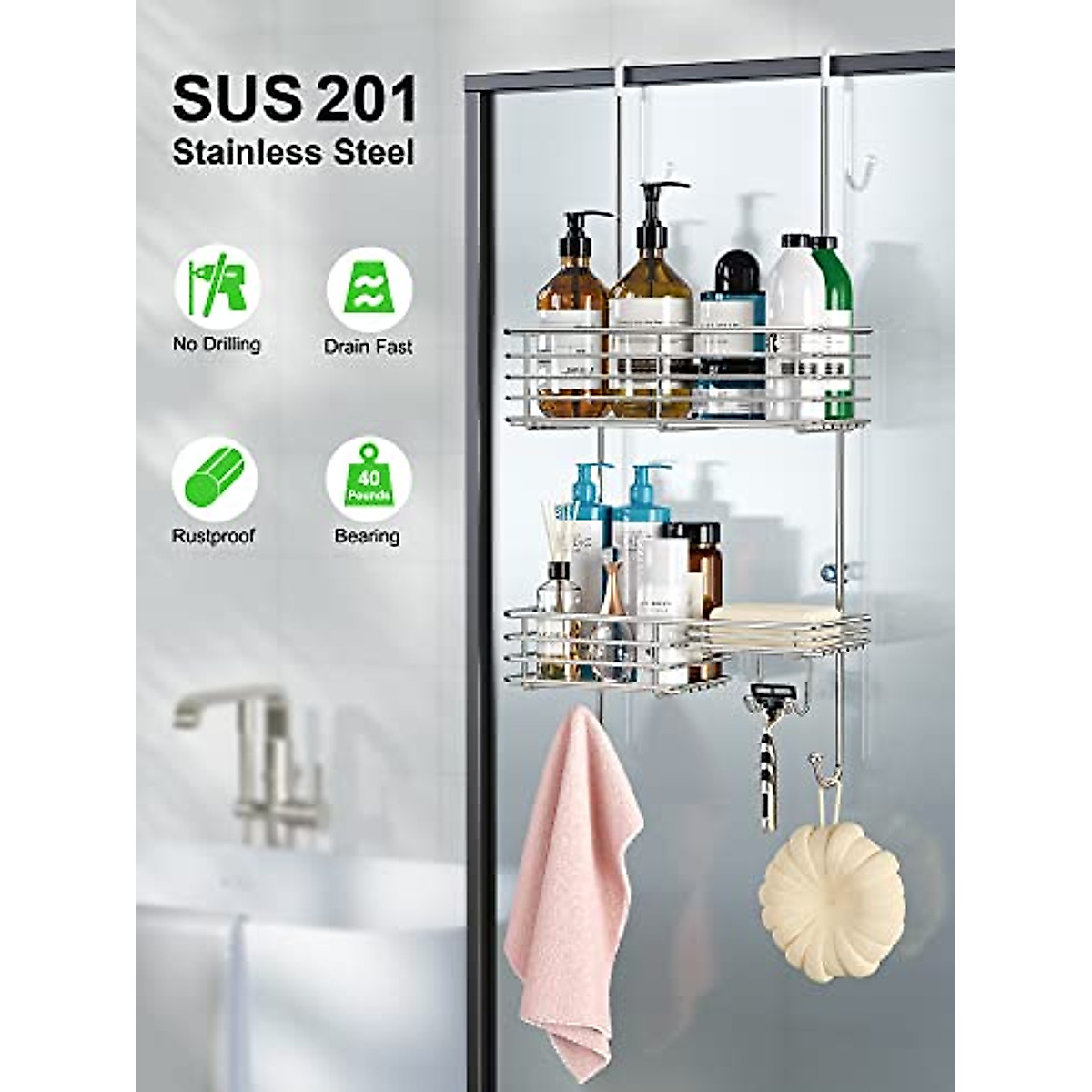SMARTAKE Shower Caddy Over The Door, Stainless Steel Bathroom Shelf Organizer, Rustproof Wall Rack with Hooks, Razors Towels Shampoo Organizer for Dorm, Toilet, Bath and Kitchen, Silver